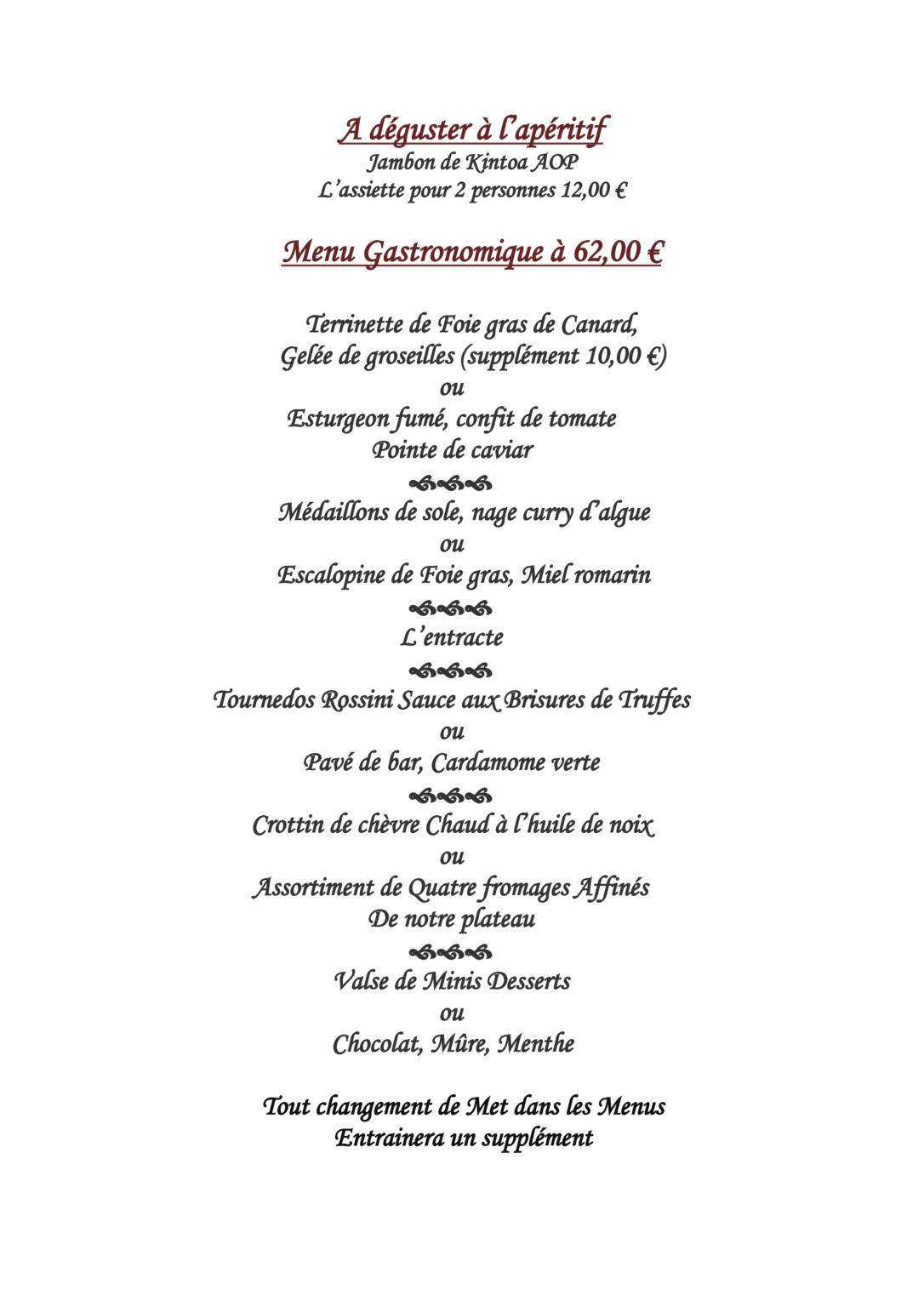 Menu Gastronomique – Restaurant La Renardière
